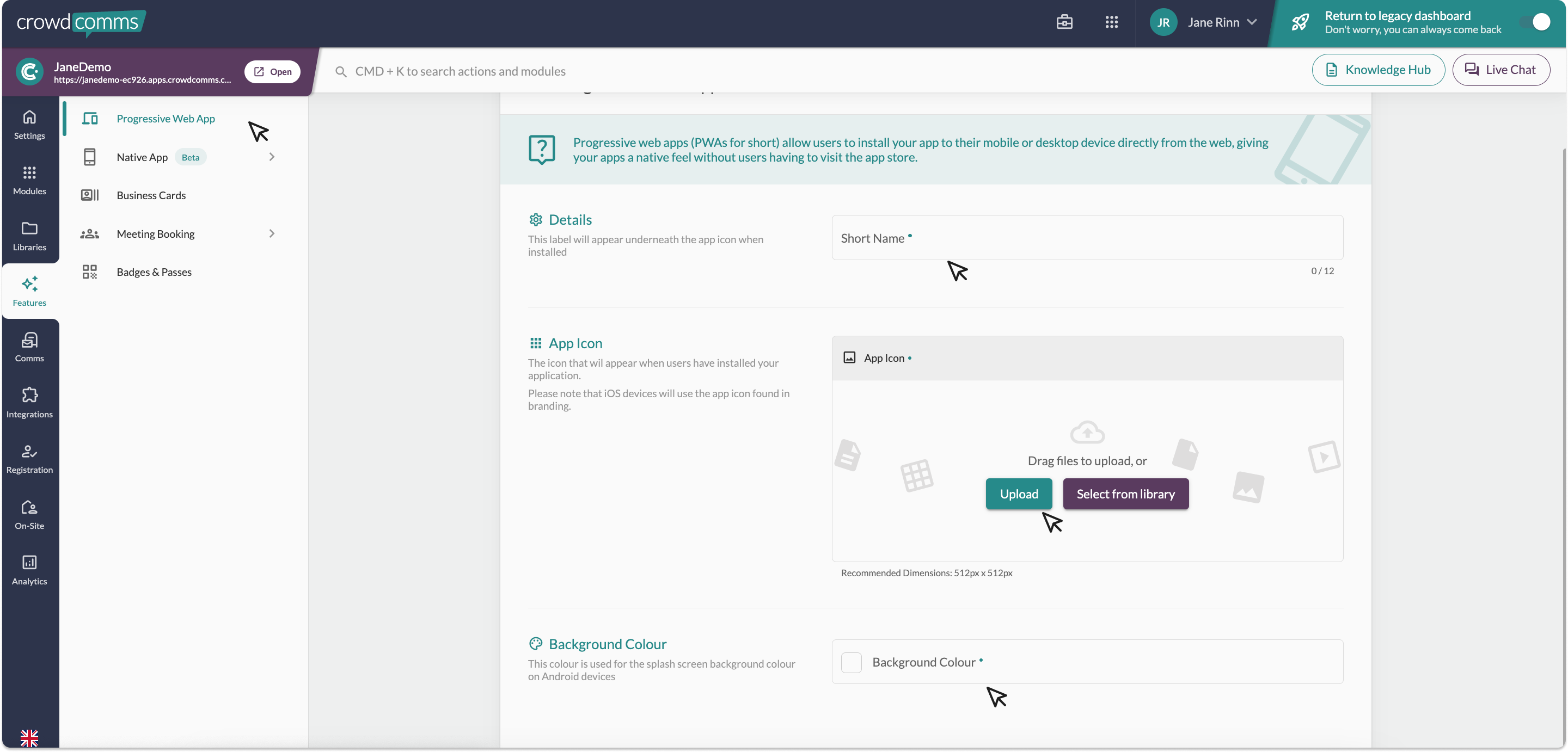 13.1 PWA Initial Set-Up on Dashboard - CrowdComms