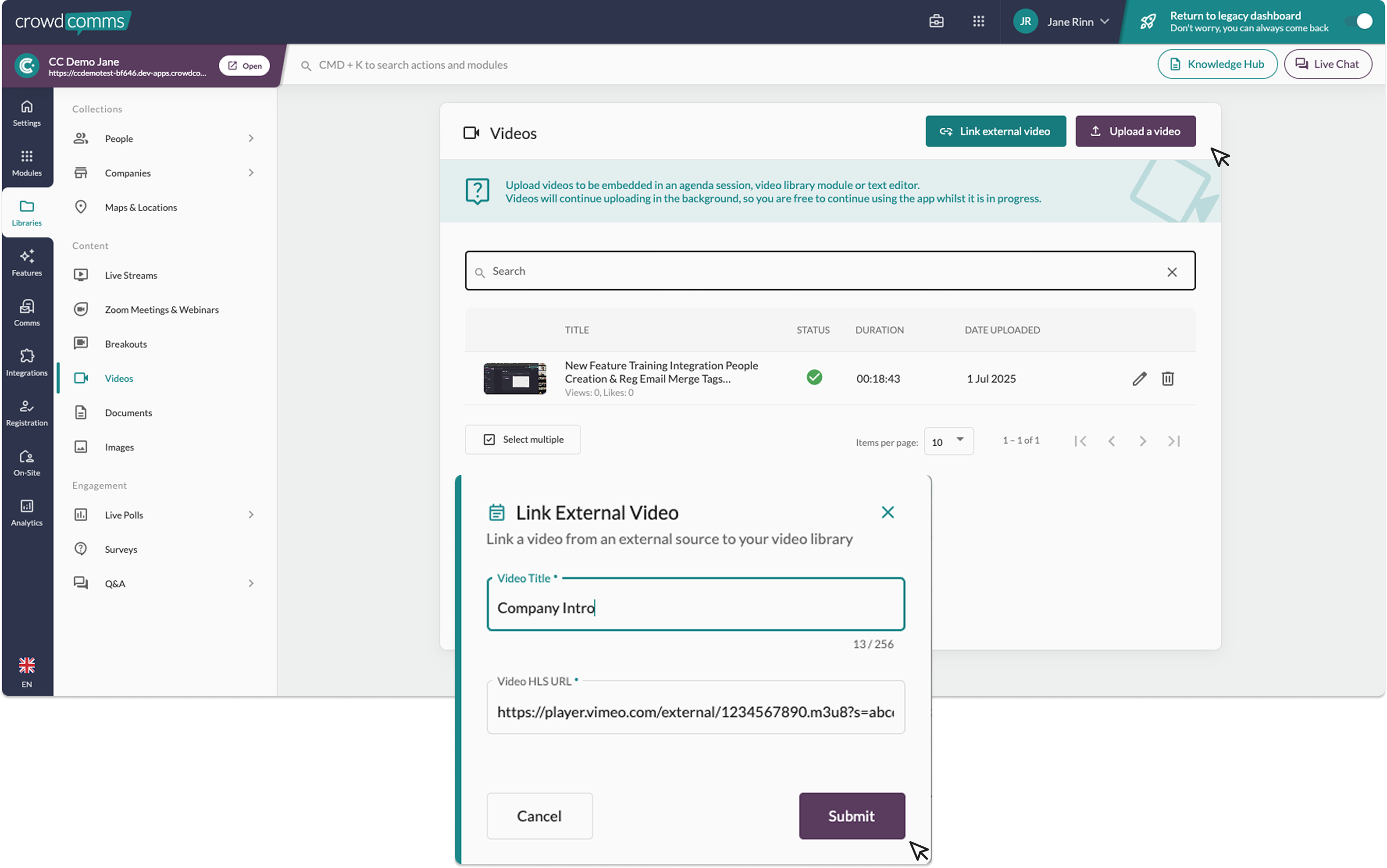 Adding videos to the library - CrowdComms