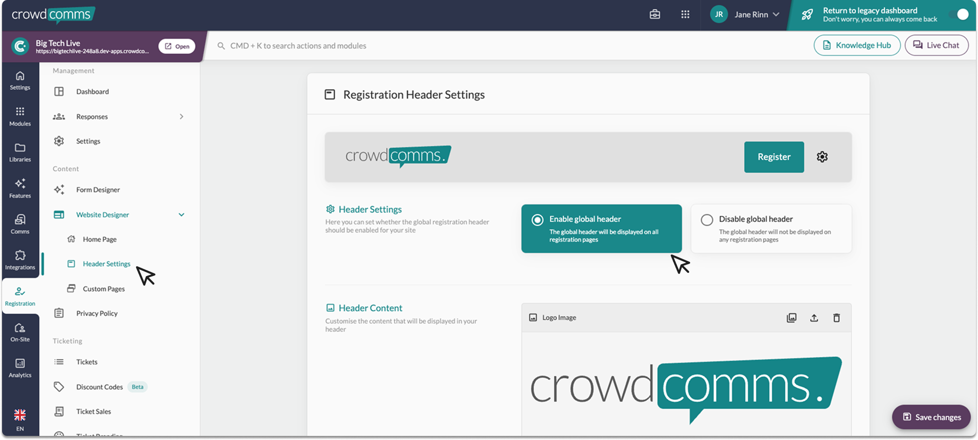 Registration Website Designer: Header Settings - CrowdComms