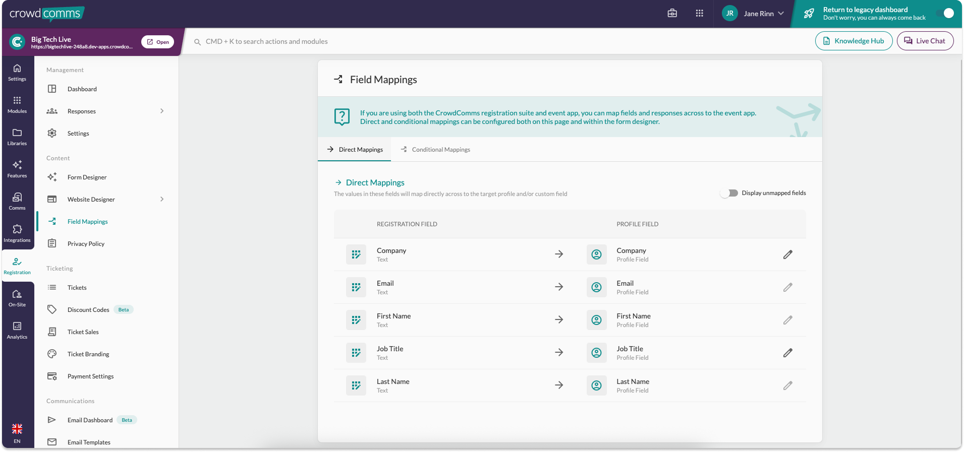 Registration Field Mappings - CrowdComms